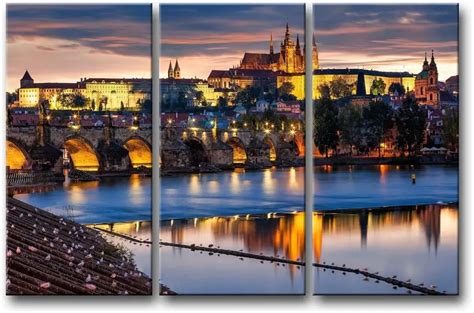 So Crazy Art 3 Pieces نقاشی دیواری پل پراگ، تصاویر دریاچه چاپ روی بوم