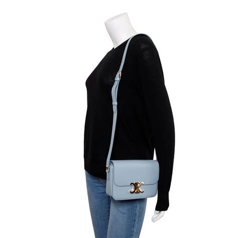 Celine 2023 Blue Shiny Calfskin Leather Teen Triomphe Shoulder Bag