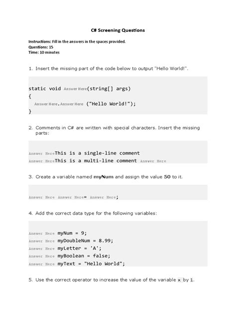 C Screening Questions Pdf C Sharp Programming Language String