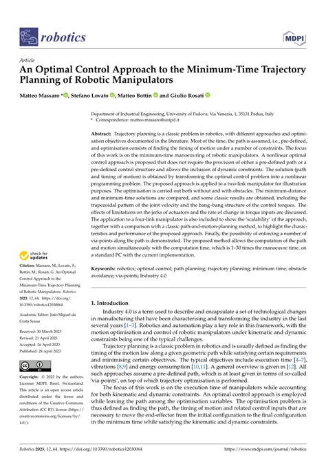 Pdf An Optimal Control Approach To The Minimum Time Trajectory Planning Of Robotic Manipulators