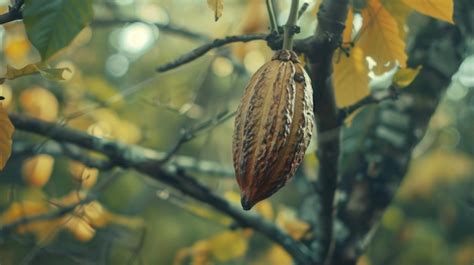 A Large Brown Cocoa Bean Hanging From A Tree The Tree Is Full Of Leaves And The Cocoa Bean Is