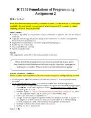 Assignment 2 2021 Docx ICT159 Foundations Of Programming Assignment 2 DUE See LMS Read This