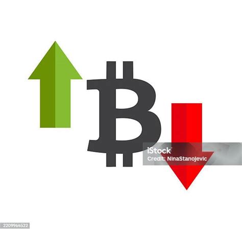 비트코인은 시장에서 비트코인의 가격 상승 및 하락을 나타내는 녹색과 빨간색 화살표가 있는 기호입니다 벡터 일러스트 레이 션 0