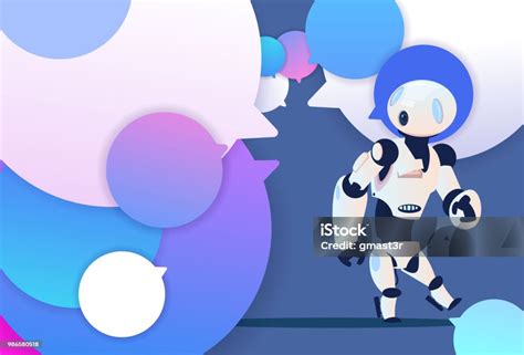 프로필 거품 Backgroung 인공 지능 만화 아이콘 전체 길이 평면 위에 로봇 새로운 아이디어 채팅 지원 0명에 대한 스톡 벡터 아트 및 기타 이미지 Istock