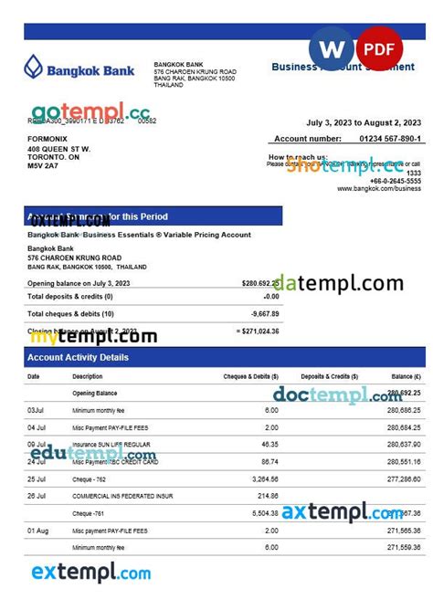Bangkok Bank Corporate Checking Account Statement Word And Pdf Template
