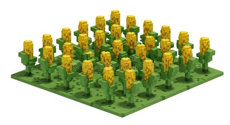 Pixelated Corn Field Growing On Green Minecraft Ground Texture Style Stock Illustration