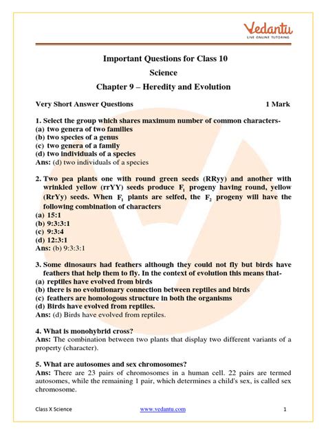Cbse Class 10 Science Chapter 9 Heredity And Evolution Important Questions 2023 24 Pdf