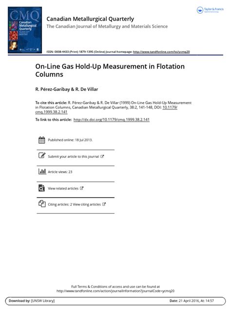 On Line Gas Hold Up Measurement In Flotation Columns Canadian