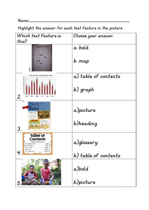 Guess The Answer With Text Features Text Features Worksheet 1st Grade
