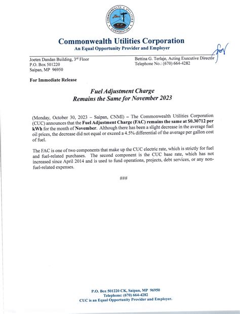 2023 10 30 Press Release Re Fuel Adjustment Charge Remains The Same For
