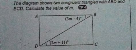 Solved The Diagram Shows Two Congruent Triangles With Abd And Bcd Calculate The Value Of M