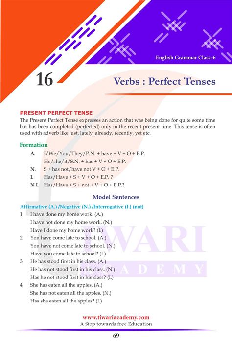 Class 6 English Grammar Chapter 16 Present Past Future Perfect Tense