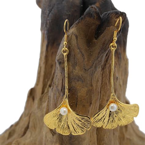 24k Gold Ginkgo Leaf Earrings Etruscan Pearl Dangle Etsy