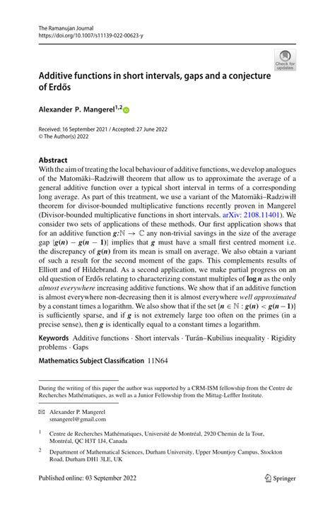 Pdf Additive Functions In Short Intervals Gaps And A Conjecture Of Erdős
