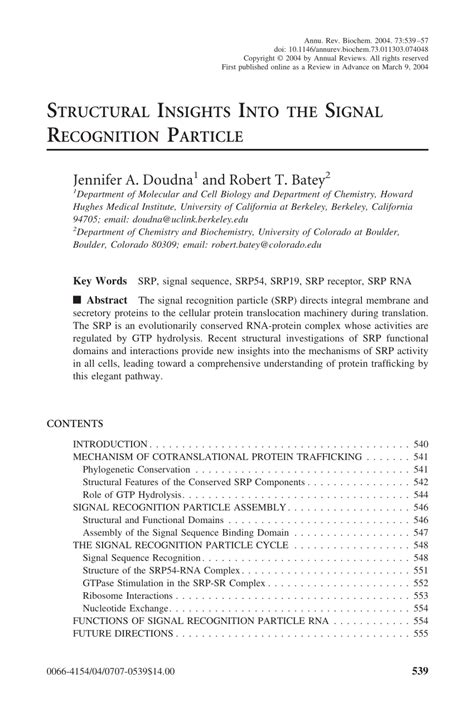 Pdf Structural Insights Into The Signal Recognition Particle