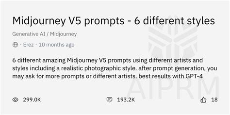Prompt Midjourney V5 Prompts 6 Different Styles By Erez Aiprm For Chatgpt