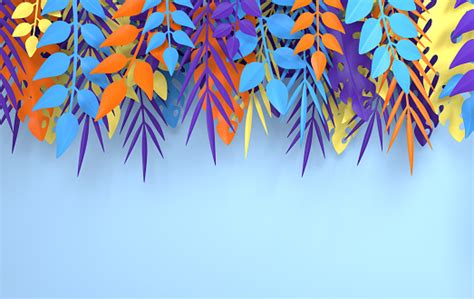 열대 종이 손바닥 몬스터 잎 프레임 여름 열대 잎입니다 종이 접기 이국적인 하와이 정글 여름 배경입니다 종이 컷 스타일입니다 3d 렌더링 초대장에 대한 스톡 사진 및 기타