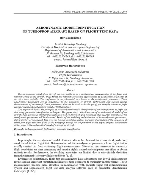 Aerodynamic Model Identification Of Turboprop Aircraft Based On Flight Test Data Pdf Applied
