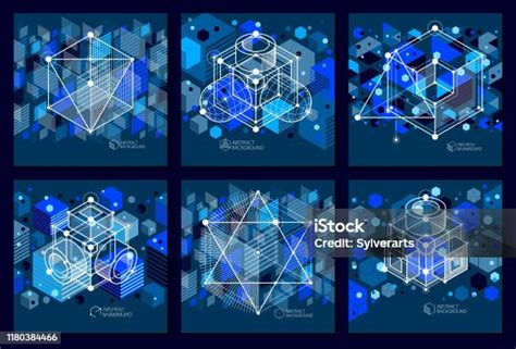 선형 차원 큐브 모양 벡터 3d 메시 요소로 설정된 아이소메트릭 추상진 한 파란색 배경입니다 큐브 육각형 사각형 사각형 및 다른 추상 요소의 레이아웃입니다 0명에 대한 스톡