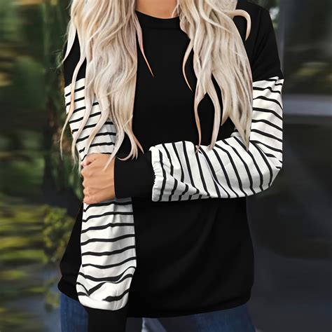 Striped Print Round Neck Organic Cotton Blends T Shirt Womens T Women