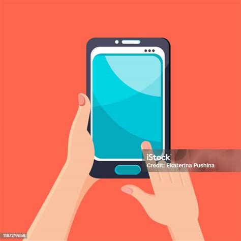 스마트폰을 들고 있는 손 휴대 전화 템플릿 화면에서 손을 누릅니다 플랫 스타일의 벡터 그림입니다 빨간색 배경에 파란색 화면이있는 검은 색 스마트 폰 벡터의 휴대 전화
