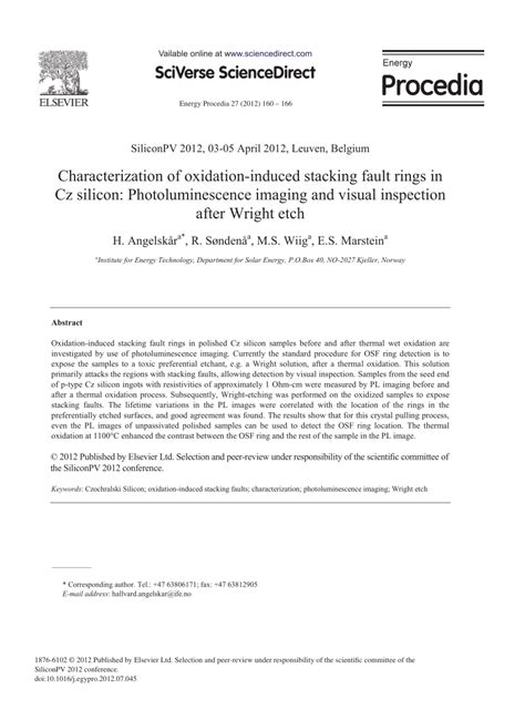 Pdf Characterization Of Oxidation Induced Stacking Fault Rings In Cz Silicon