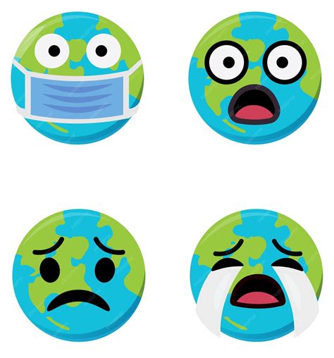 귀여운 지구 행성 이모티콘 세트 지구 캐릭터가 다른 표현으로 프리미엄 벡터