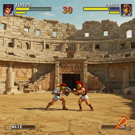 A Retro Fighting Game Scene Between Two Pixelated Gladiators In A