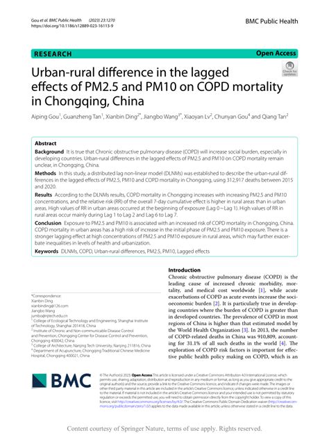 Pdf Urban Rural Difference In The Lagged Effects Of Pm2 5 And Pm10 On Copd Mortality In