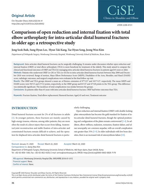 Pdf Comparison Of Open Reduction And Internal Fixation With Total Elbow Arthroplasty For Intra