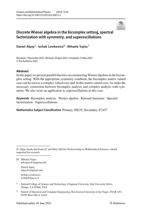 Pdf Discrete Wiener Algebra In The Bicomplex Setting Spectral