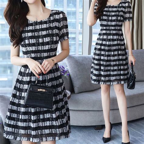 Badu Bg Елегантни модни рокли с щампи на райета Лято 2023 Нова офис дама Пуловер с къс ръкав и