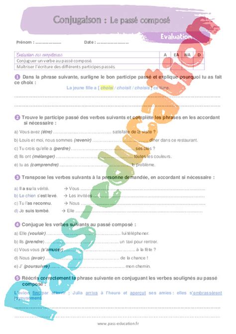 Le Passé Composé Examen Evaluation Avec La Correction Secondaire 1
