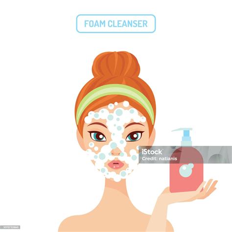 거품 클렌저 벡터 일러스트와 함께 그녀의 얼굴을 세척 하는 젊은 아름 다운 여자 귀여운에 대한 스톡 벡터 아트 및 기타 이미지 귀여운 기포 만화 Istock