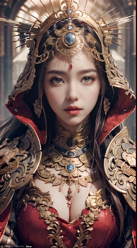 빨간 드레스를 입고 왕관을 쓴 금색 머리 장식을 한 여자 Seaart Ai