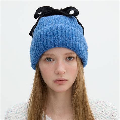 Ribbon Detail Beanie Blue Brown Hat
