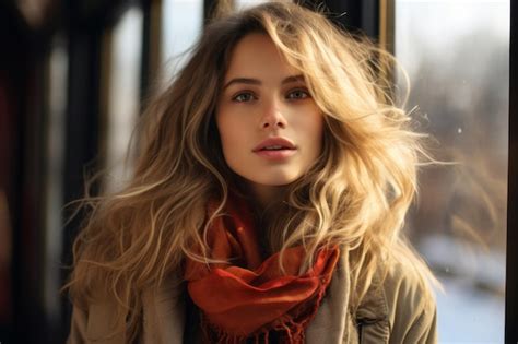 Premium Ai Image A Beautiful Young Woman With Long Blonde Hair Standing In Front Of A Window