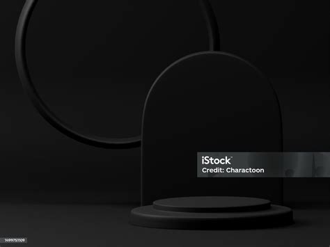 3d 렌더링 최소한의 검은색 테마 제품 디스플레이 받침대 연단은 빈 배경에 원형 벽 패널이 있습니다 3d 쇼케이스 모형 3차원 형태에 대한 스톡 사진 및 기타 이미지