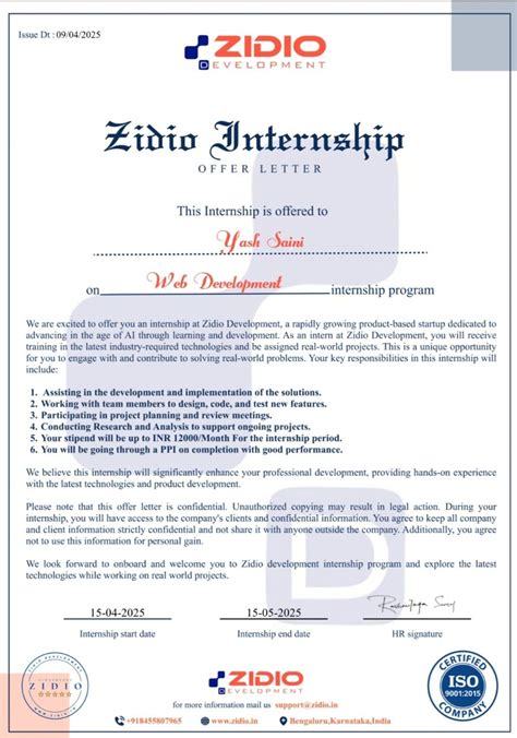 Thrilled To Share That Ive Accepted A Web Development Internship At Zidio Development Yash Saini