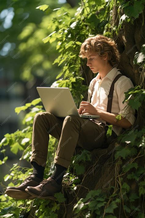 Premium Photo Programmer Sitting On A Tree Branch And Coding On A