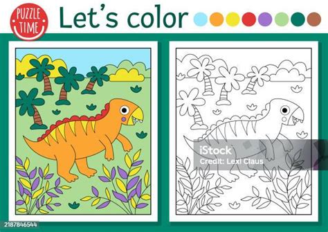 이구아노돈을 가진 아이들을 위한 공룡 색칠 공부 페이지 선사 시대 풍경과 함께 벡터 윤곽선 그림 색깔이 있는 예를 가진 아이들을