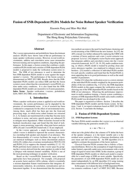 Pdf Fusion Of Snr Dependent Plda Models For Noise Robust Speaker Verification