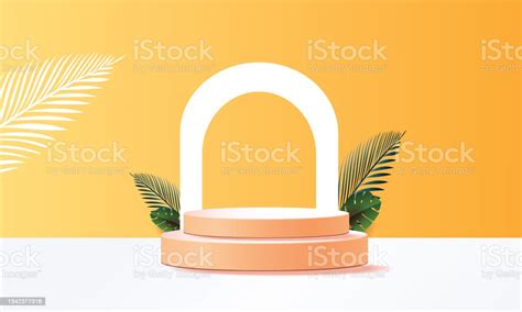 3d 기하학적 포디움 모형 잎 열대 자연 컨셉 으로 노란색 배경 추상 미니멀 한 장면 제품 발표 여름 시즌 0명에 대한 스톡 벡터 아트 및 기타 이미지 Istock