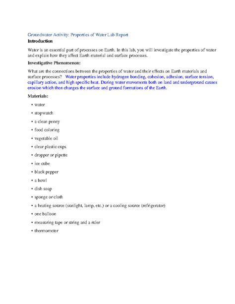 Groundwater Lab Report Groundwater Activity Properties Of Water Lab Report Introduction Water