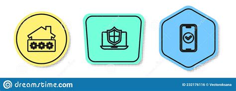 Set Line House With Password Laptop Protected Shield And Smartphone Colored Shapes Stock