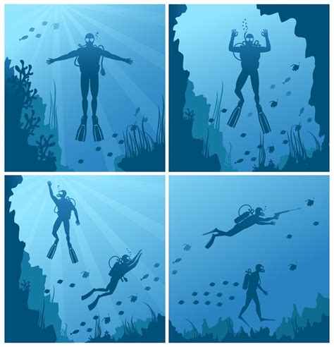 Free Vector Scuba Divers Under Water Ocean And Sea Diver Deep Sport Diving And Reef