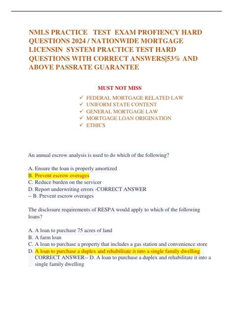 NMLS PRACTICE TEST EXAM PROFIENCY HARD QUESTIONS 2024 NATIONWIDE MORTGAGE LICENSIN SYSTEM