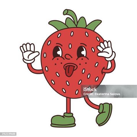복고풍 그루비 재미 캐릭터 딸기 장난 꾸러기 빨간 과일이 얼굴을 찡그리고 있습니다 벡터 평면 그림이 분리되어 있습니다 1960 1969 년에 대한 스톡 벡터 아트 및 기타