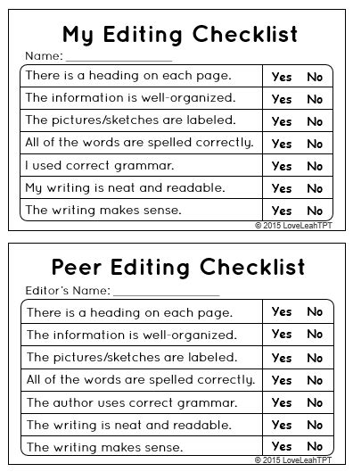 Peer Editing Checklist Elementary