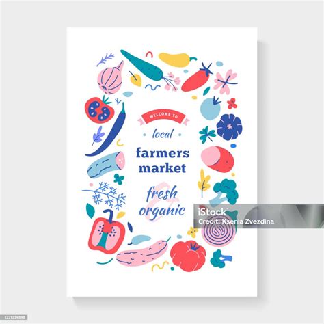 농민 시장 프레임 다양한 야채와 벡터 테두리 식품 박람회 포스터 레이아웃 템플릿 신선한 유기농 자생 농산물 다채로운 손으로 그린